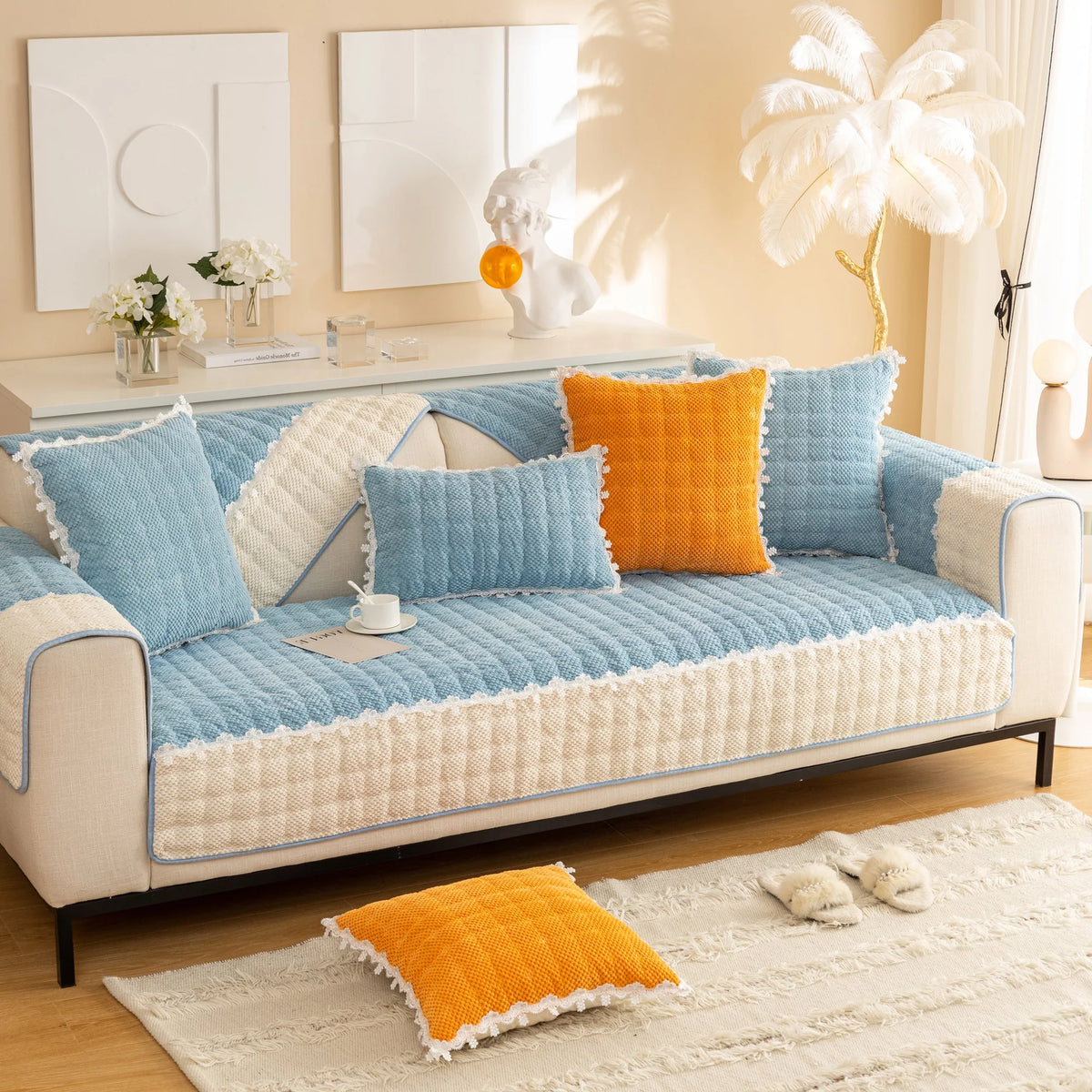 Fabrella Quilted Non-Slip Sofa Cover Mat - Frost Blue